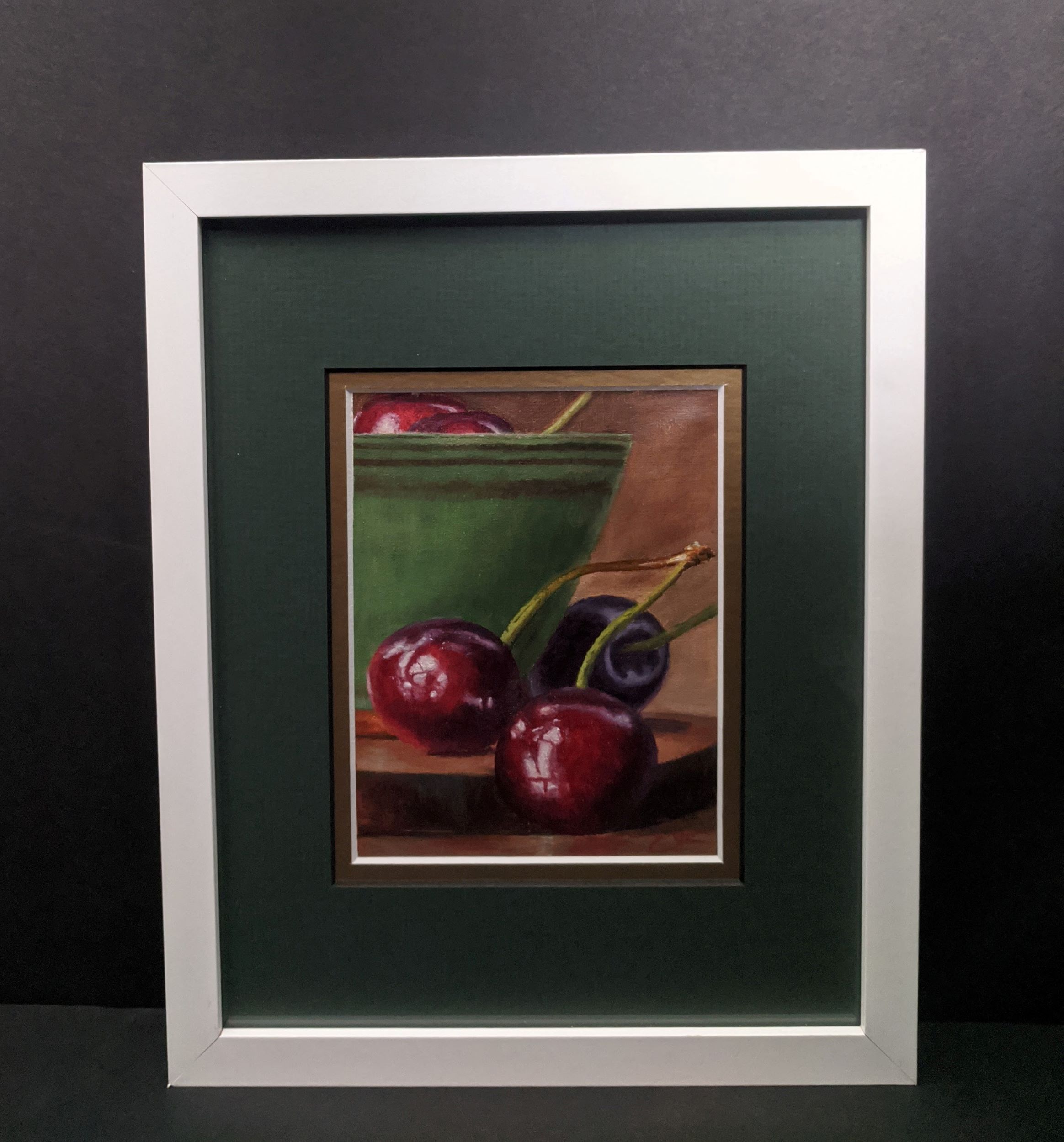 Cherry Bowl Still Life Oil Painting, Framed & Matted - Home